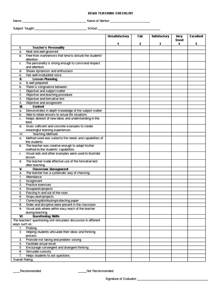 Demo Teaching Evaluation Checklist | PDF | Teaching Method | Teachers