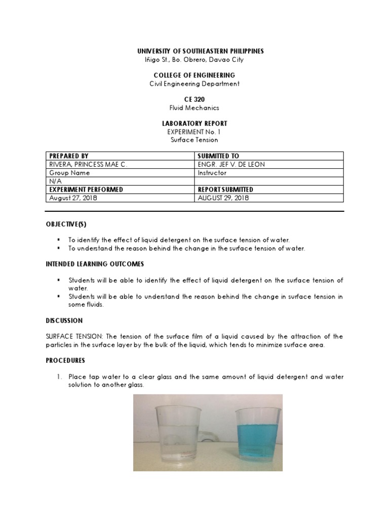 Fluids Experiment 1 | PDF | Surface Tension | Liquids