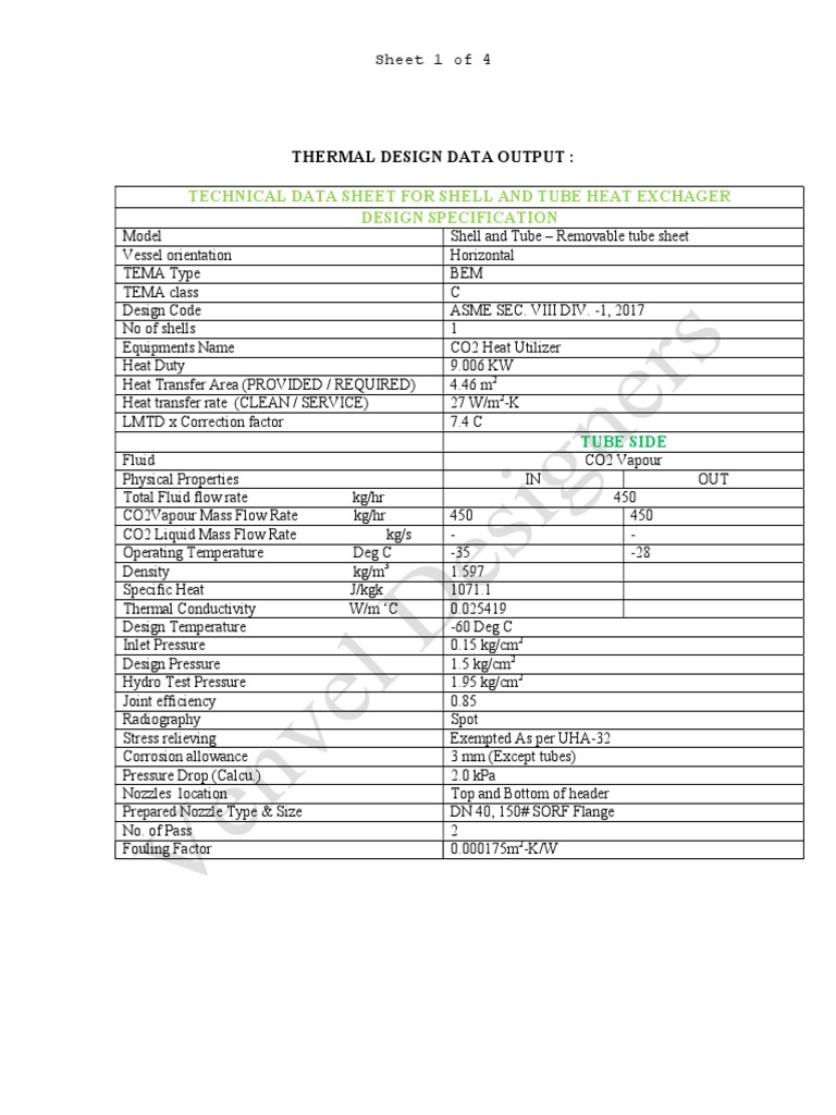 Technical Data Sheet For Shell and Tube Heat Exchager Design ...