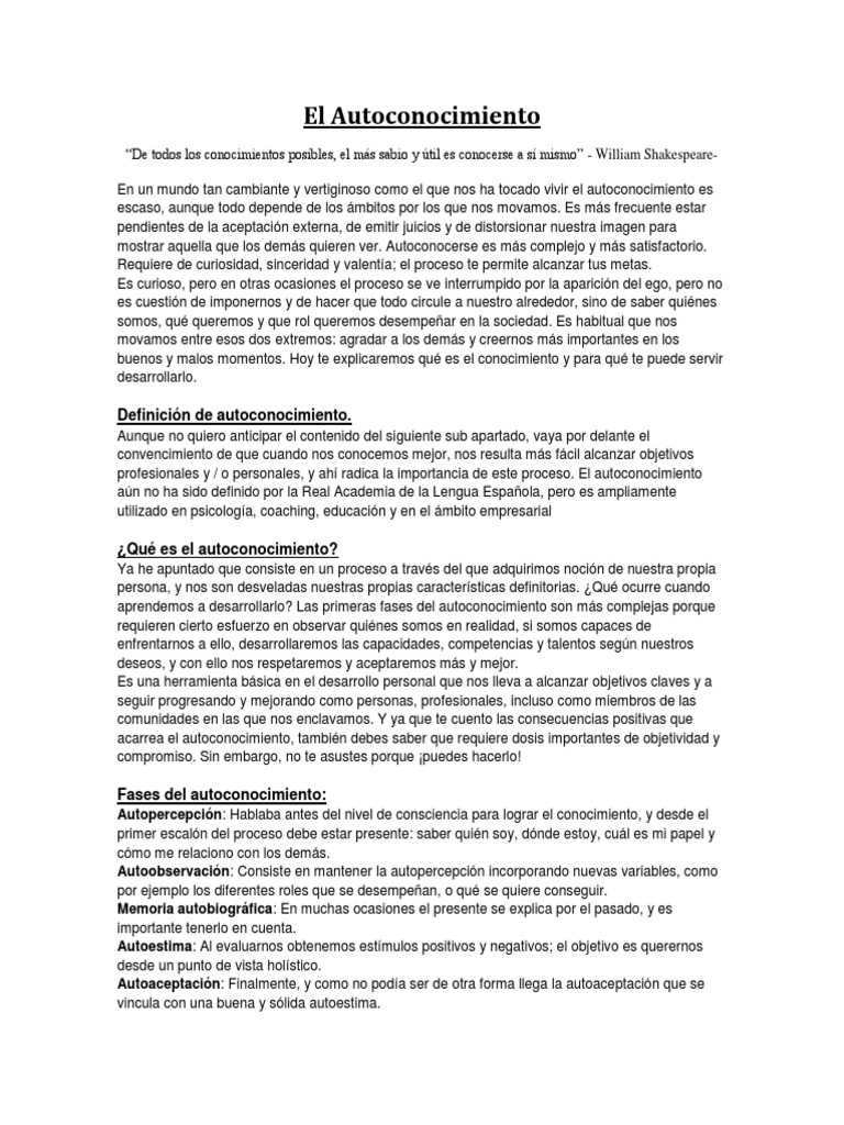 El Autoconocimiento | PDF | Desarrollo personal | Conocimiento