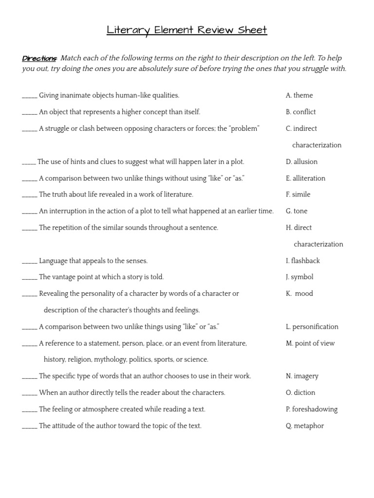 Literary Elements Review Worksheet | PDF
