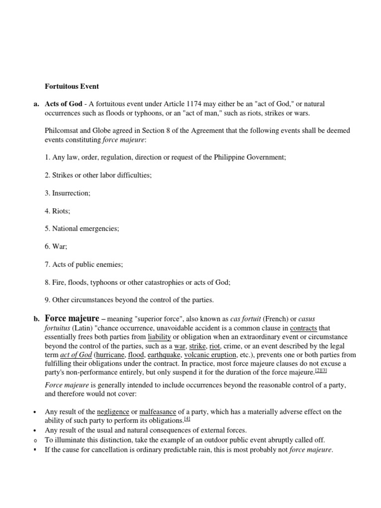 Fortuitous Event A. Acts of God - A Fortuitous Event Under Article 1174 ...