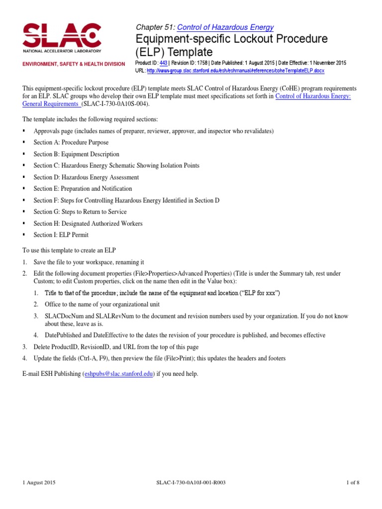 Equipment-Specific Lockout Procedure (ELP) Template: Control of ...