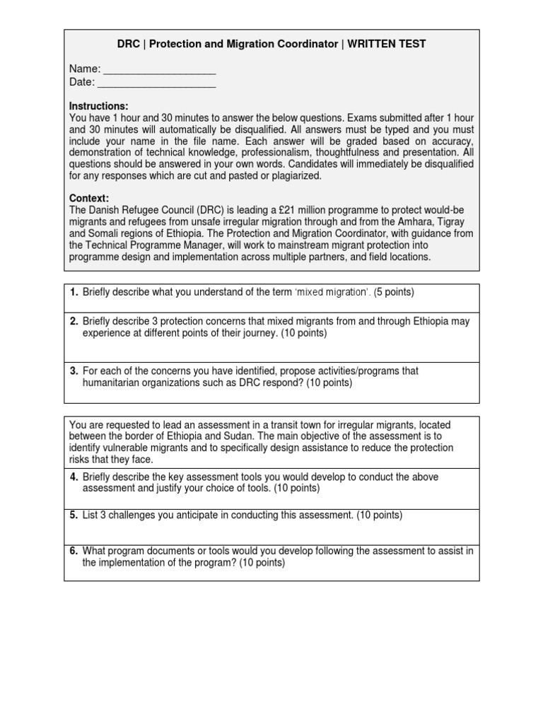 Written Test - Protection and Migration Coordinator | PDF | Test ...