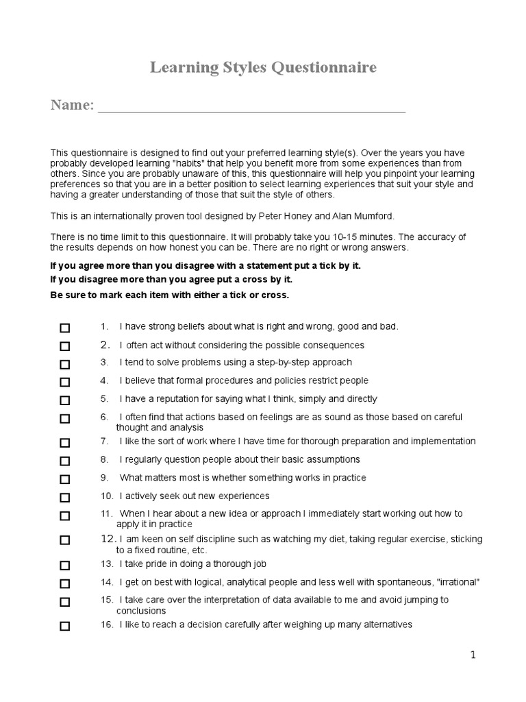 Learning Styles Assessment Tool | PDF | Theory | Thought