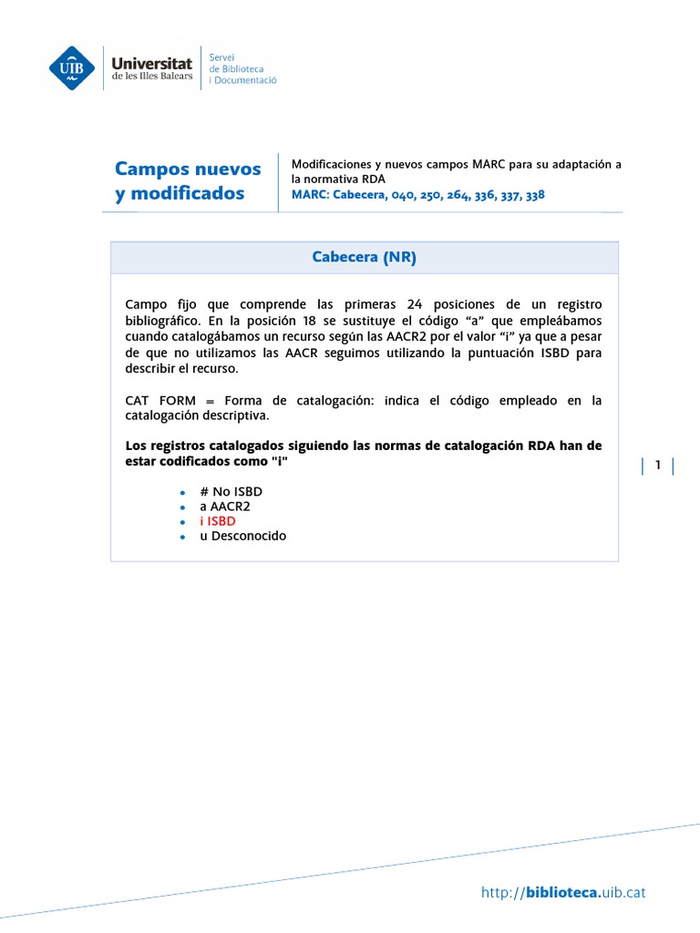 DRC Campos MARC Nuevos y Modificados 2 | PDF | Catalogación | Publicación