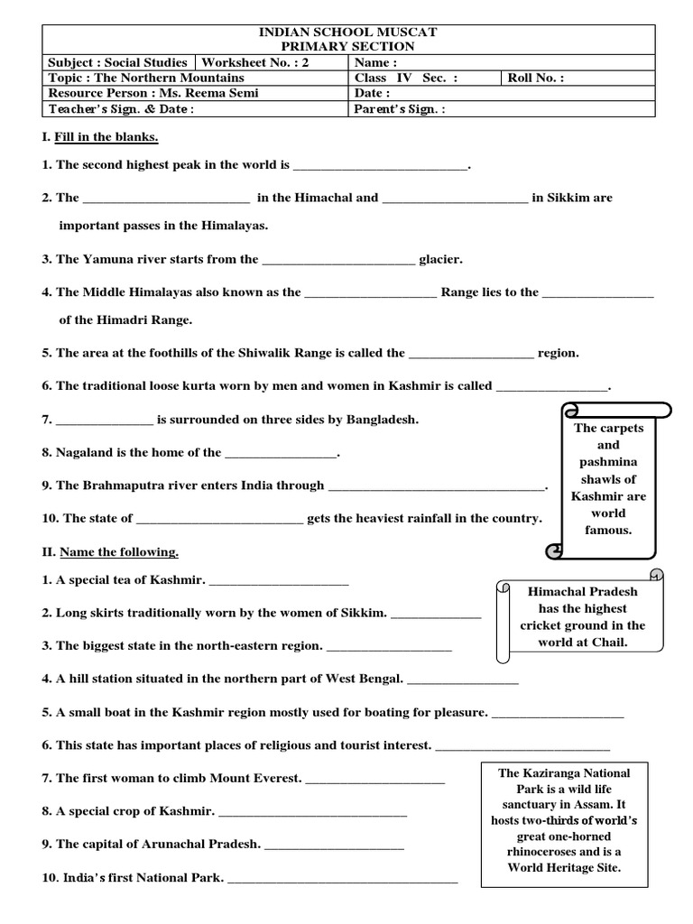 Northern Mountains Worksheet for Grade 4 | PDF | Himalayas | South Asia