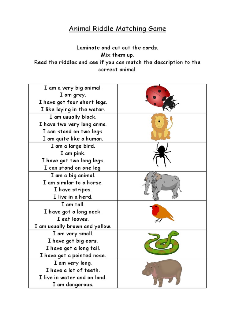 Animal Riddle Matching Game | PDF | Organisms | Nature