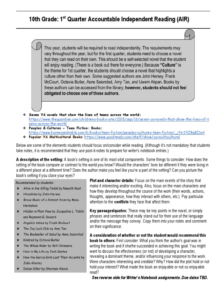 10th Grade AIR Reading Guide | PDF | Writers | Young Adult Fiction