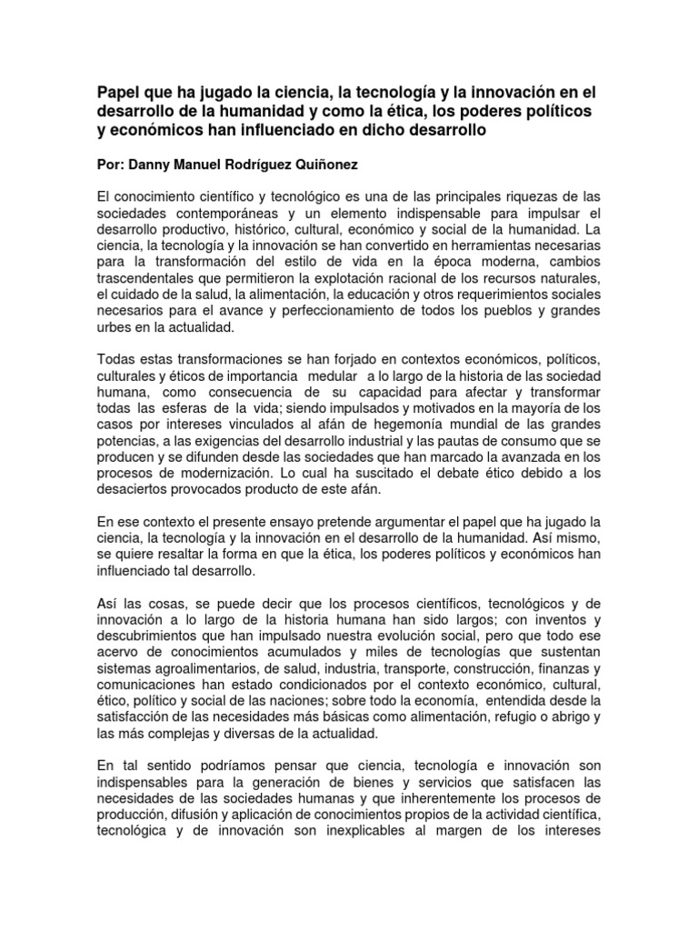 Ensayo Papel de La Ciencia, La Tecnología e Innovación en El Desarrollo ...