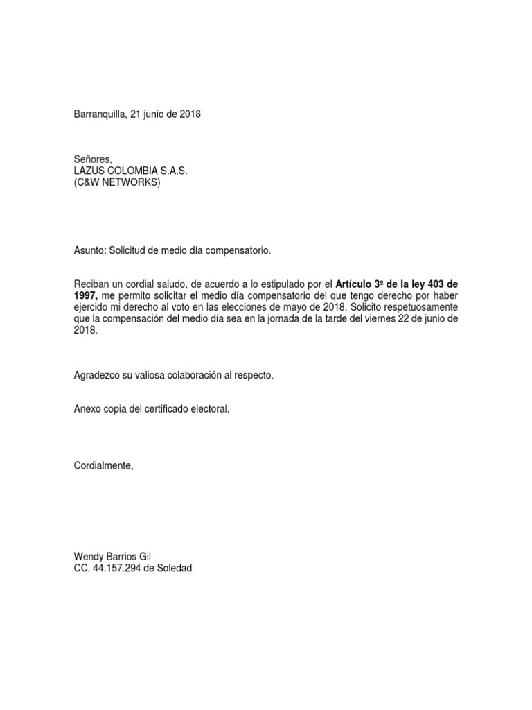 Carta Solicitud de Dia Compensatorio | PDF