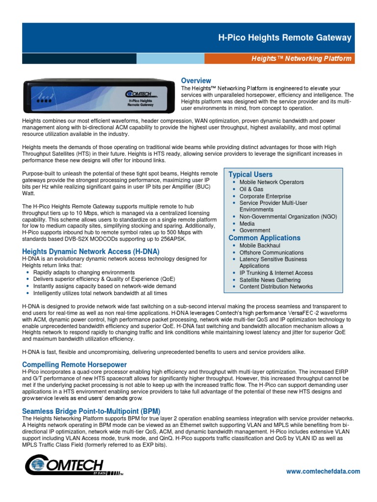 Comtech/EFData H-Pico Heights Remote Gateway Datasheet | PDF | Computer Network | Network Switch