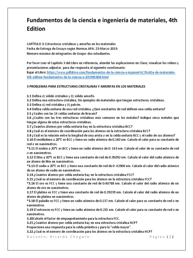 Taller 3. Estructuras Cristalinas y Amorfas en Los Materiales | PDF ...