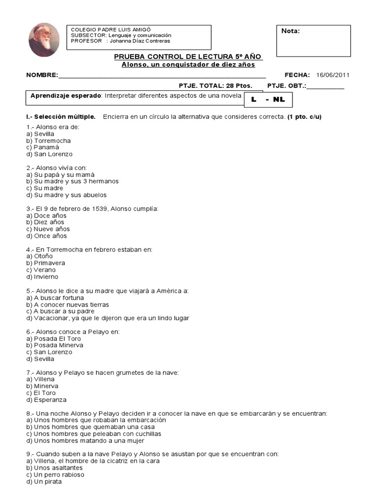 Control de Lectura Alonso Un Conquistador de Diez Anos 5º Ano PDF | PDF ... Control de Lectura Alonso Un Conquistador de Diez Anos 5º Ano PDF | PDF ...