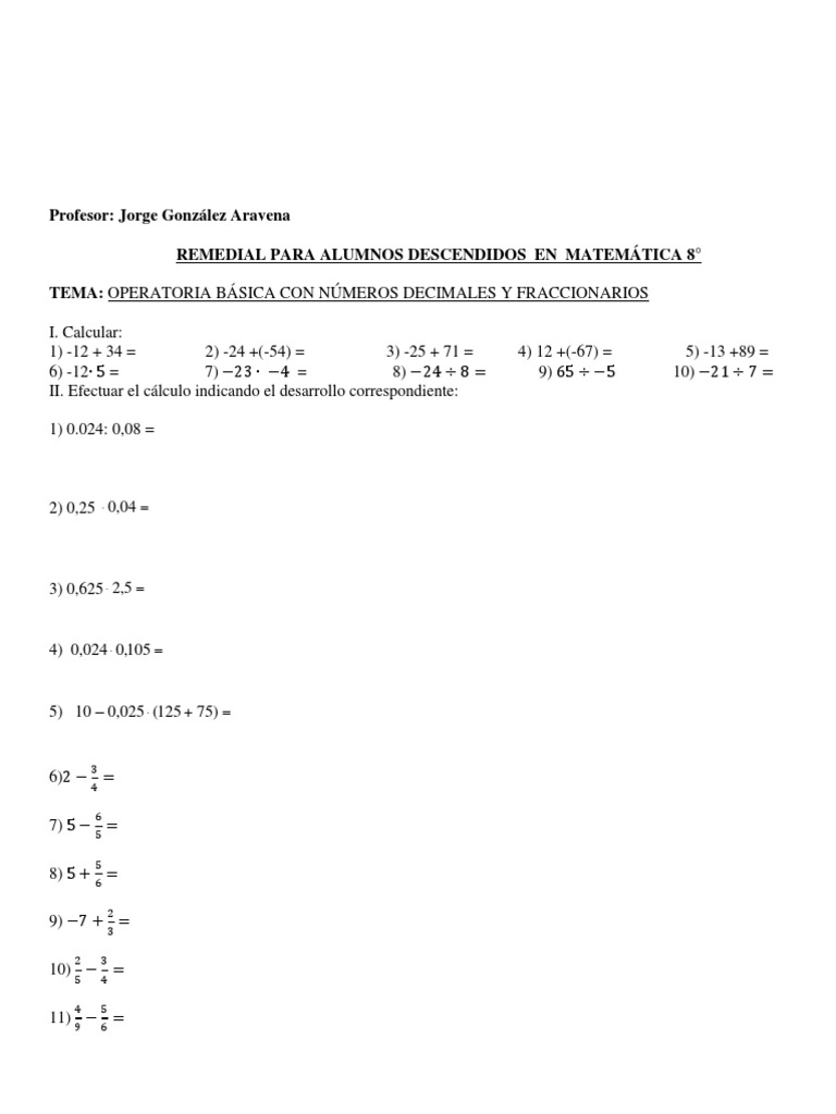 Guía de Operatoria Numérica y Algebraica para 8° | PDF | Enseñanza de ...