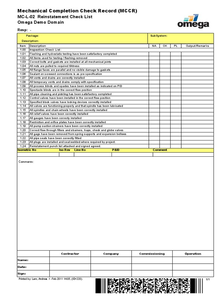 Mechanical Completion Check Record (MCCR) : MC-L-02 Reinstatement Check ...