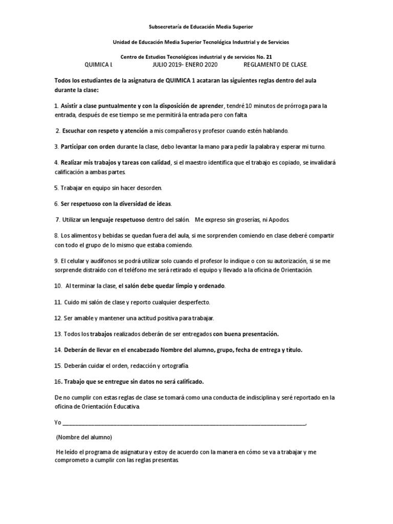 REGLAMENTO DE CLASE QUIMICA L 19-20 PDF | PDF | Educación Secundaria ...