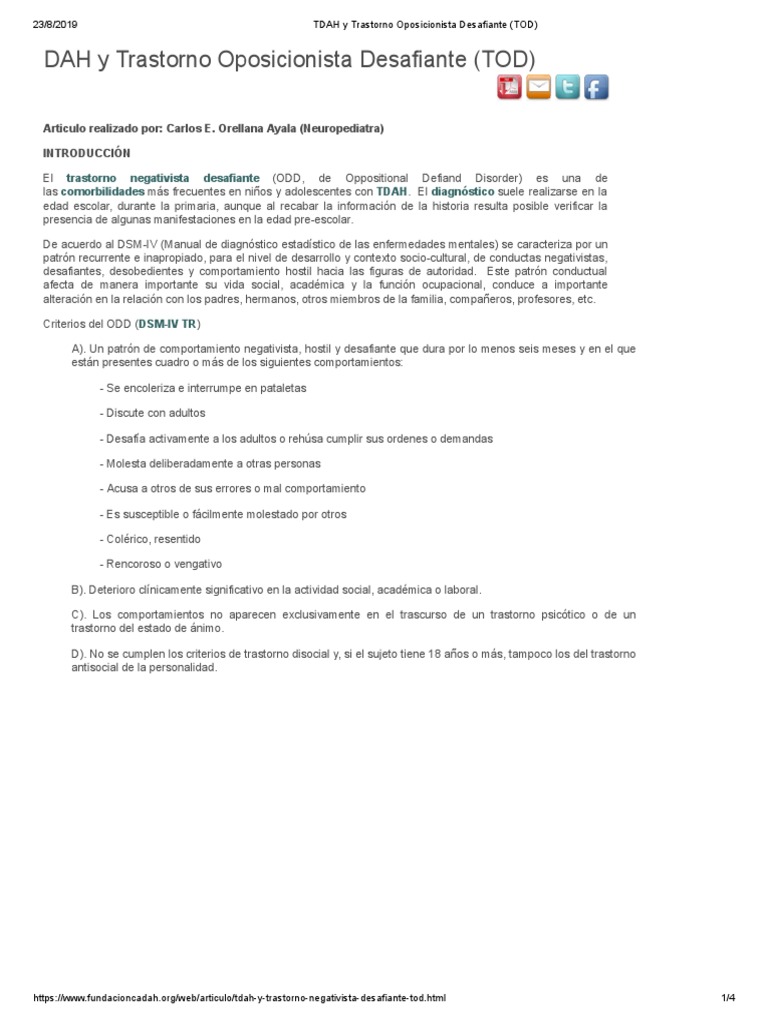 TDAH y Trastorno Oposicionista Desafiante (TOD) PDF | PDF | Desorden hiperactivo y deficit de ...