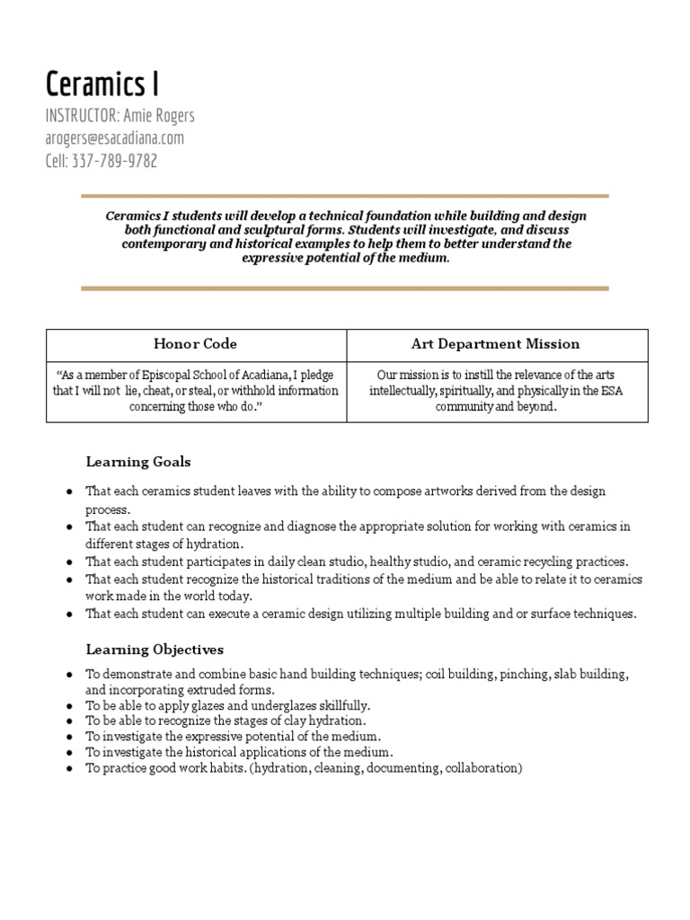 Ceramics 1 Syllabus 19-20 | PDF | Homework | Design