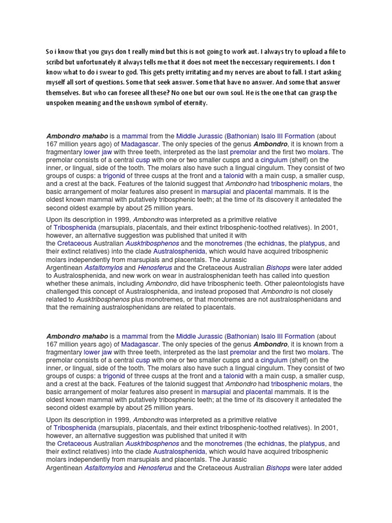 Ambondro Mahabo Is A: Ausktribosphenos | PDF | Mammal Taxonomy | Mammals