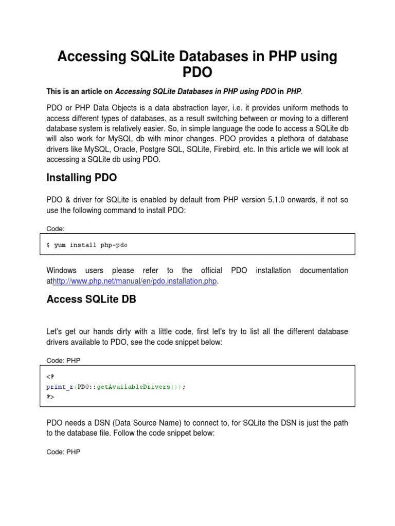 Accessing Sqlite Databases In Php Using Pdo Pdf Php Databases