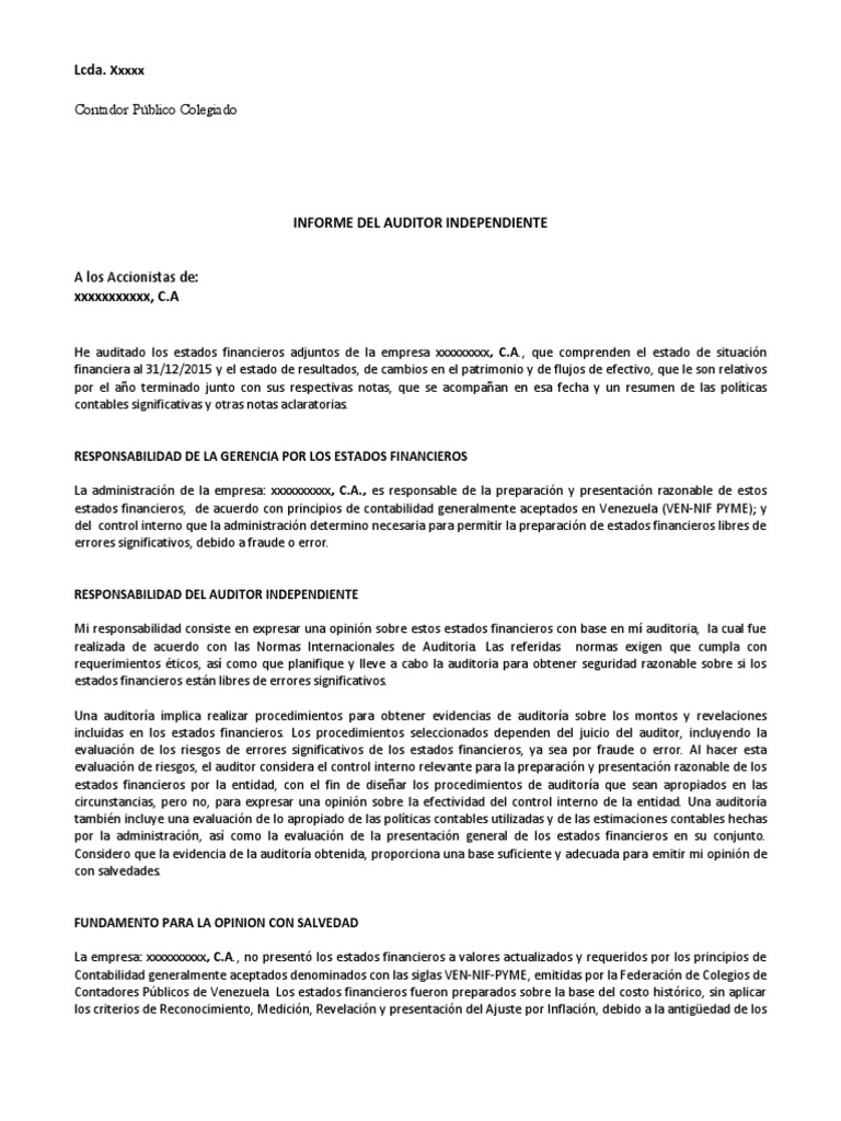 Modelo Informe de Auditoria | PDF | Auditoría | Estado financiero