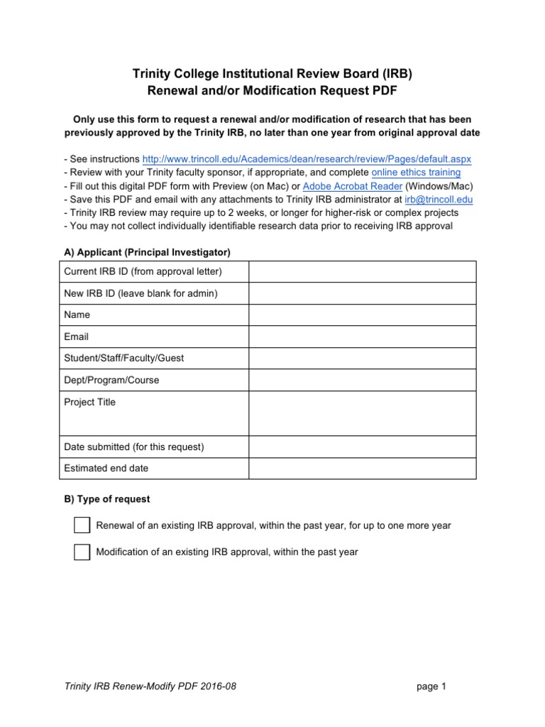 Trinity College Institutional Review Board (IRB) Renewal And/or Modification Request PDF | PDF ...