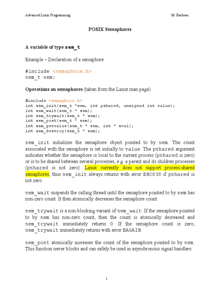 POSIX Semaphores A Variable of Type Sem - T | PDF | Computer Data | Computer Engineering