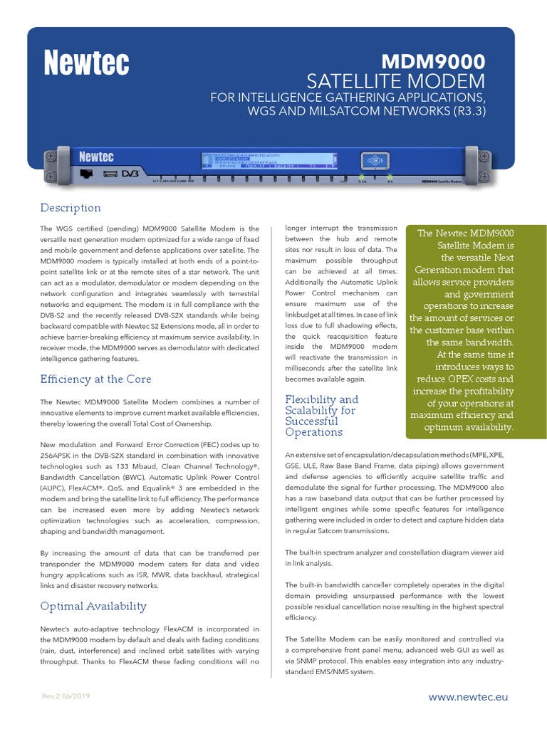 Newtec MDM9000 Satellite Modem r3.3 Datasheet | PDF | Modem | Computer ...