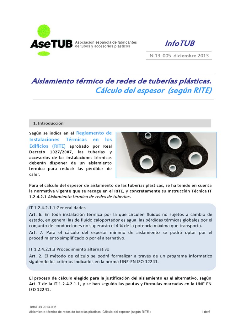 Infotub: Cálculo Del Espesor (Según Rite) | Aislamiento térmico | Convección