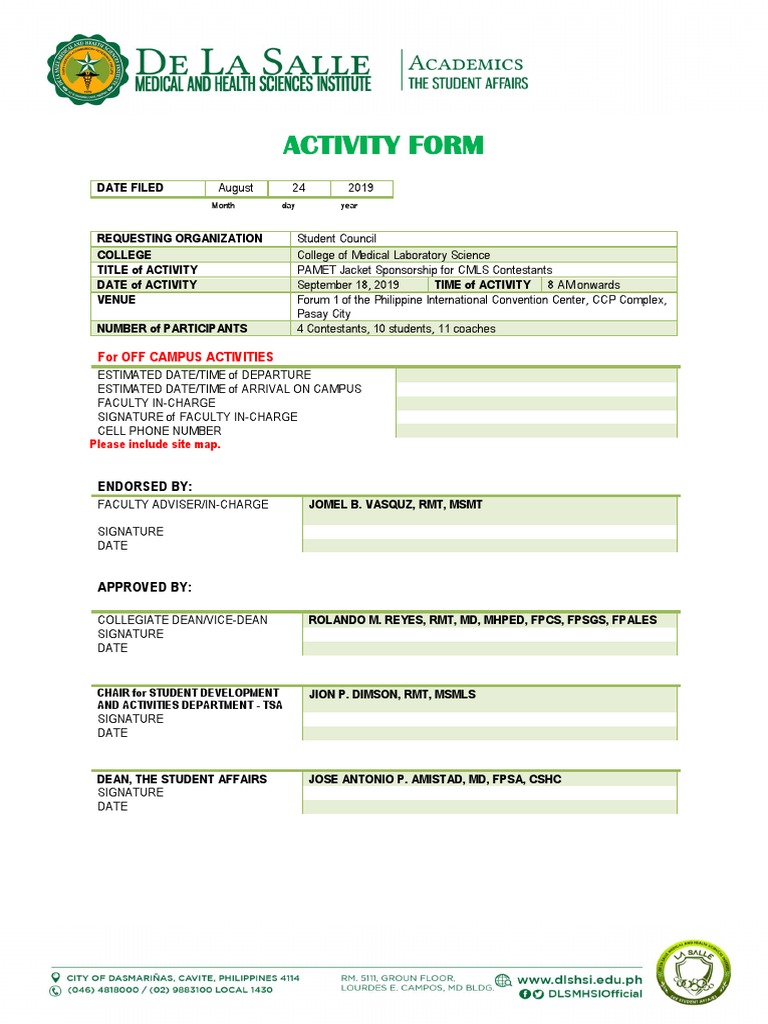 Activity Form: For Off Campus Activities | PDF | Business