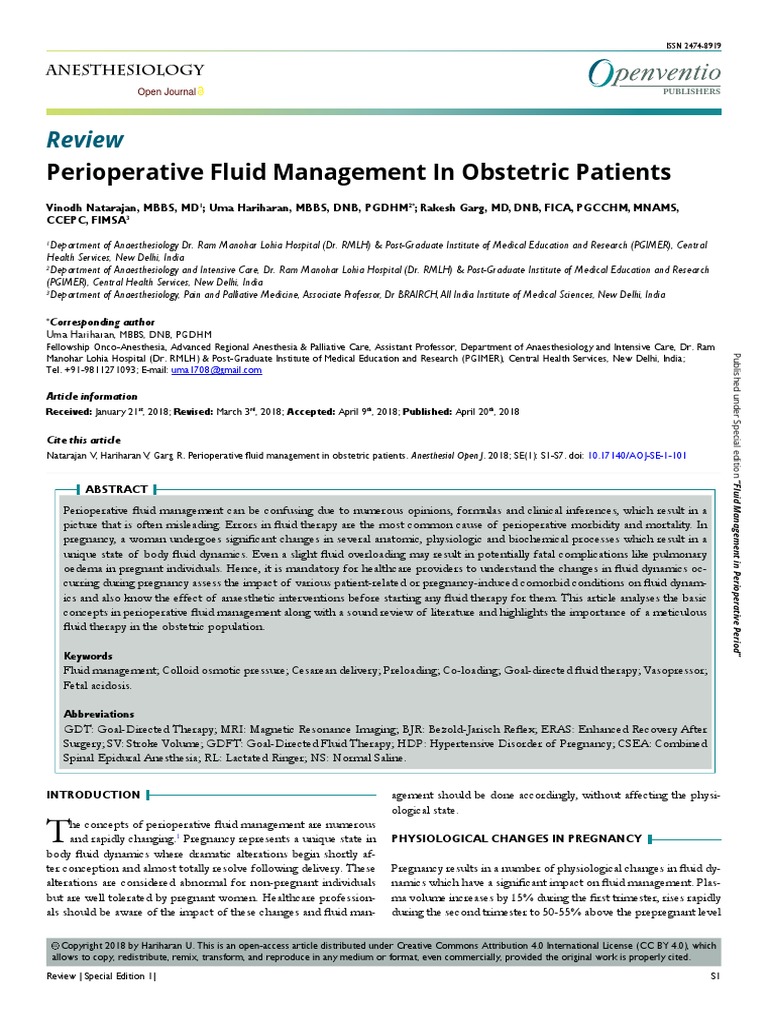 Perioperative Fluid Management in Obstetric Patients AOJ SE 1 101 PDF ...
