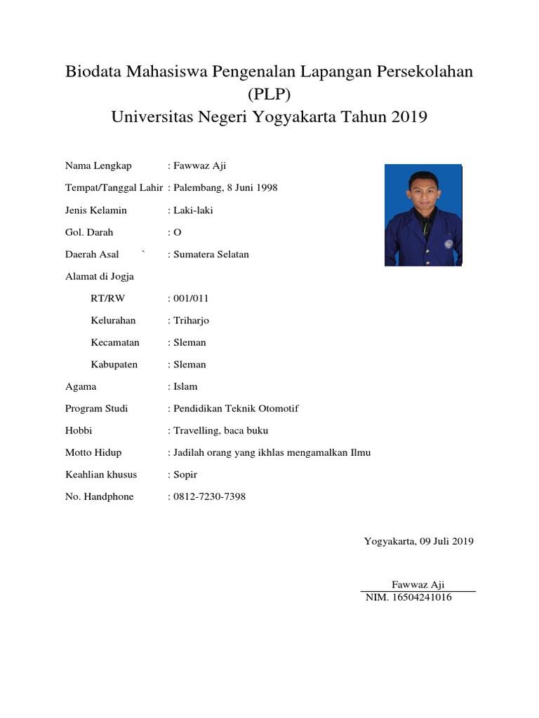 Contoh Biodata Mahasiswa PLP | PDF