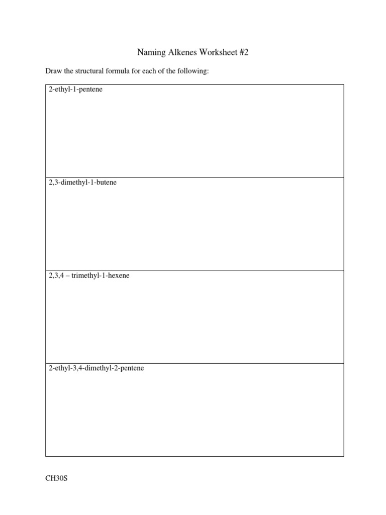 Naming Alkenes Worksheet 2