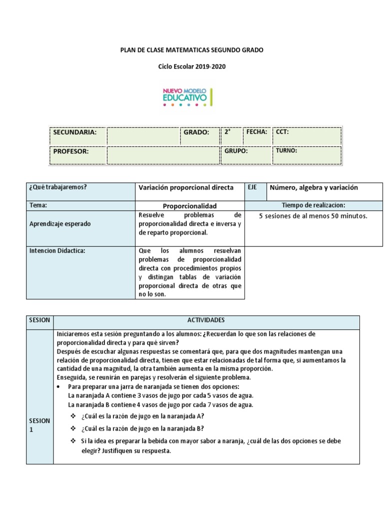 Plan de Clase Matematicas Segundo Grado 4.1 | PDF | Enseñanza de matemática | Naturaleza