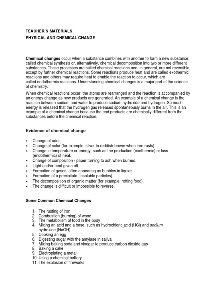Teacher'S Materials Physical and Chemical Change | PDF | Chemical ...
