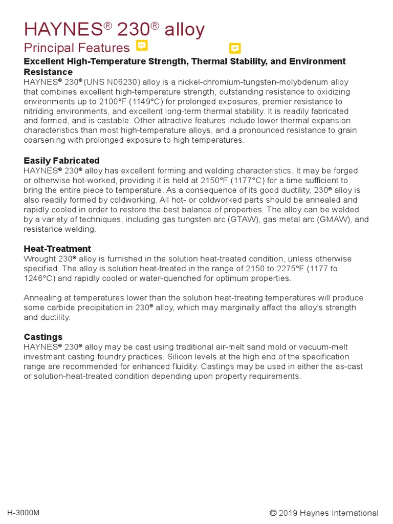 Haynes 230 Alloy: Principal Features | PDF | Ultimate Tensile Strength ...