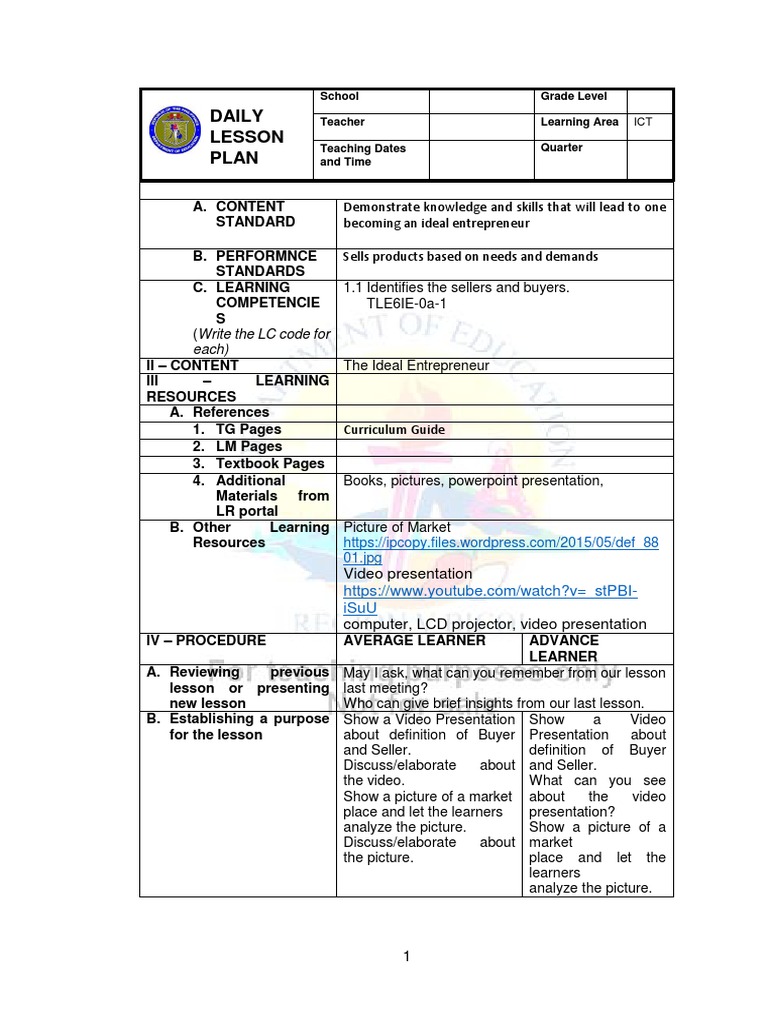 DAILY LESSON PLAN ICT Grade 6 | PDF | Sales | Differentiated Instruction