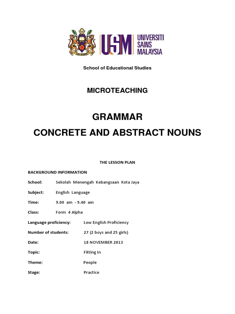 Lesson Plan Concrete and Abstract Nouns PDF | PDF | Lesson Plan | Teachers