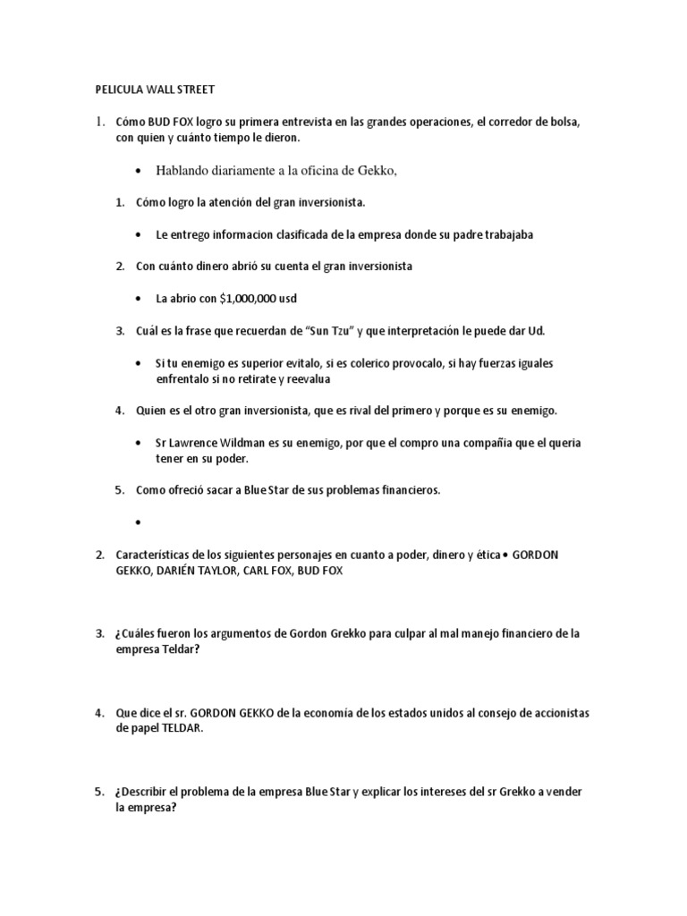 Preguntas Sobre La Pelicula Wall Street | PDF