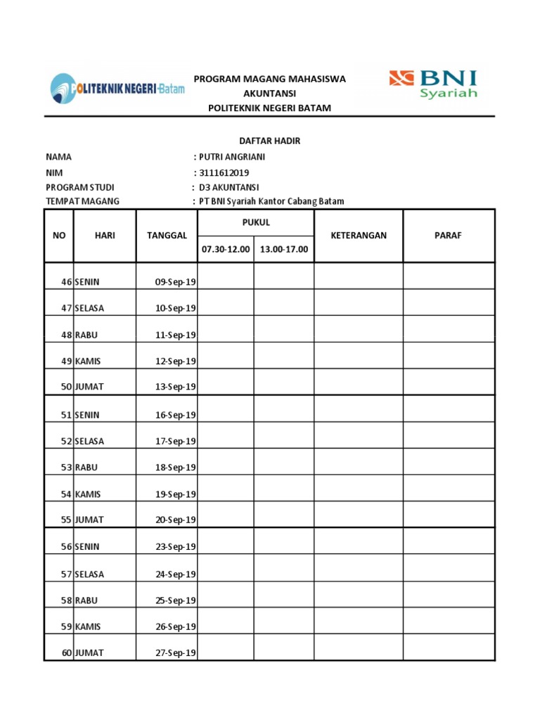 Contoh Daftar Hadir Magang Mahasiswa | PDF