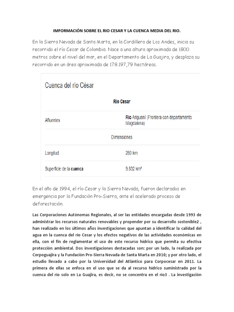Imformación Sobre El Rio Cesar y La Cuenca Media Del Rio | PDF | Río ...