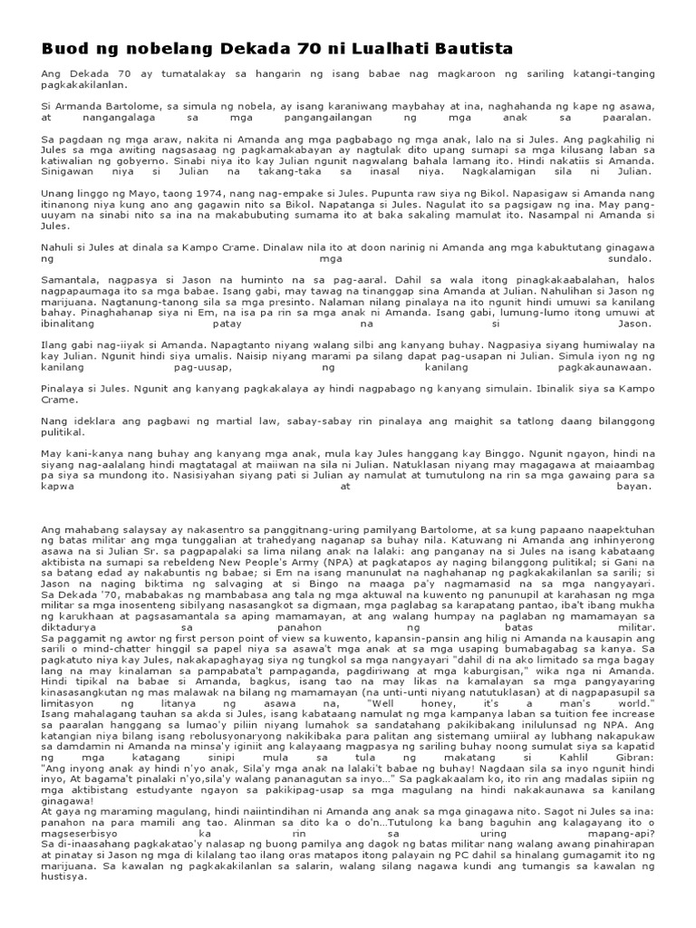 Buod Ng Nobelang Dekada 70 Ni Lualhati Bautista Pdf