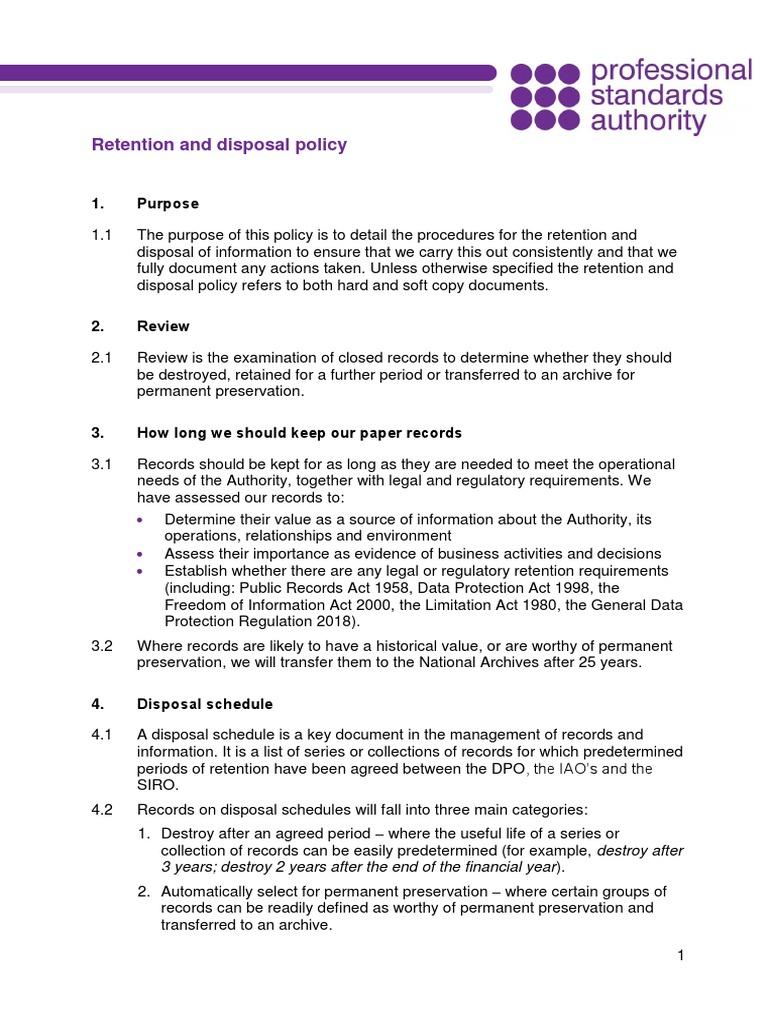 Retention and Disposal Policy | PDF | Records Management | Banks