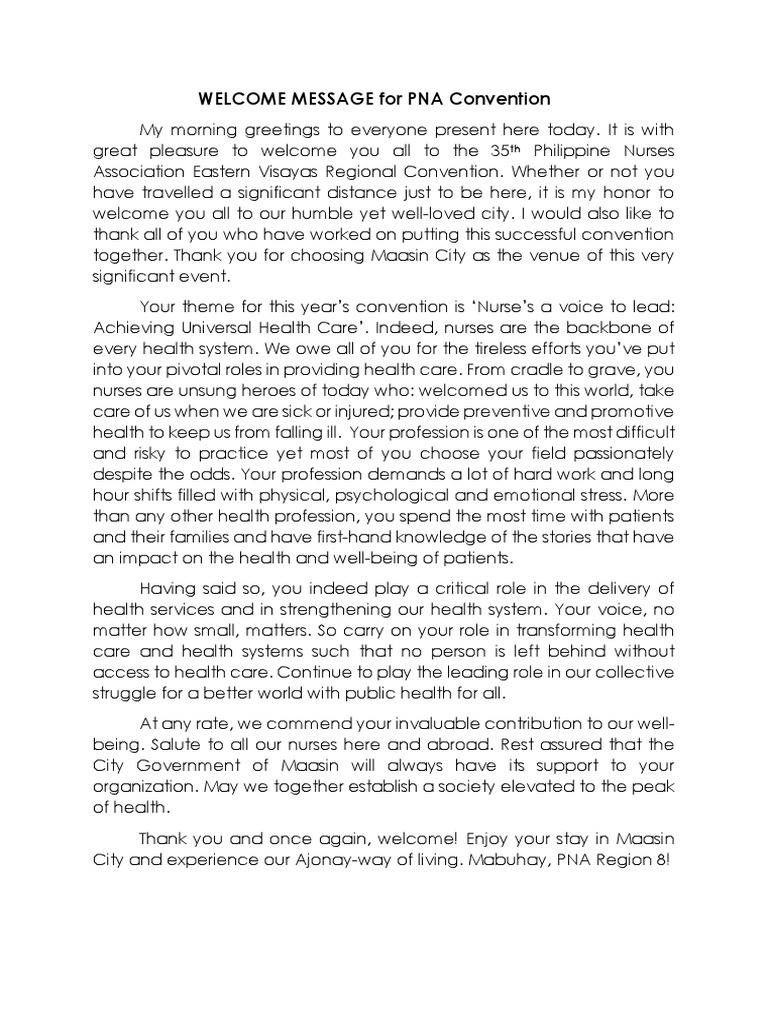WELCOME MESSAGE For PNA Convention | PDF