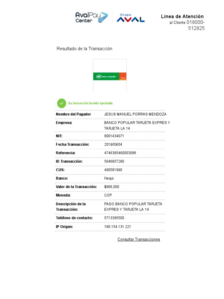 Comprobante Banco Popular - Pago Septiembre de 2019 | PDF