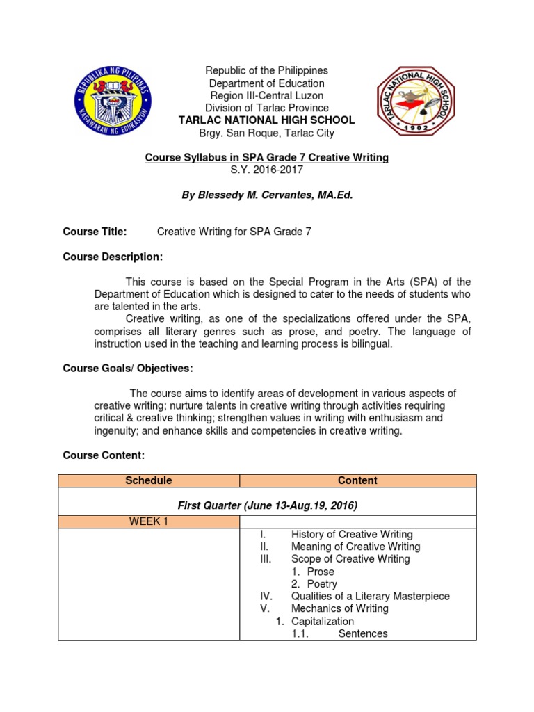 Course Syllabus in SPA Grade 7 Creative 4 PDF | PDF | Poetry | Linguistics