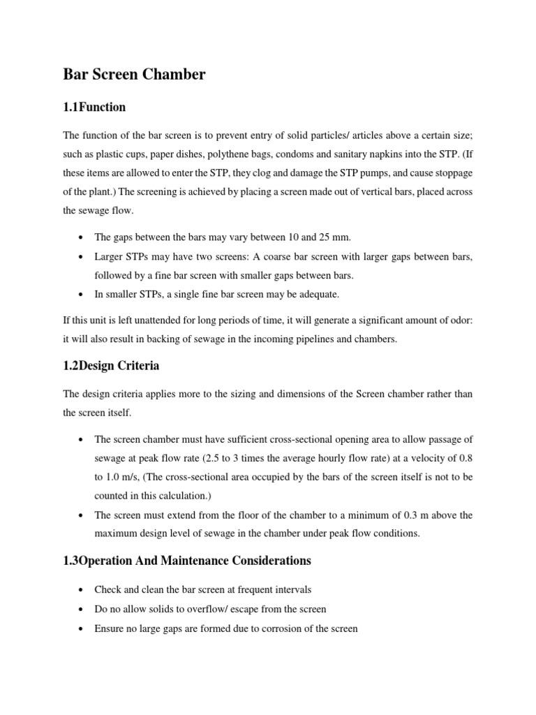 Bar Screen Chamber: 1.1 Function | PDF