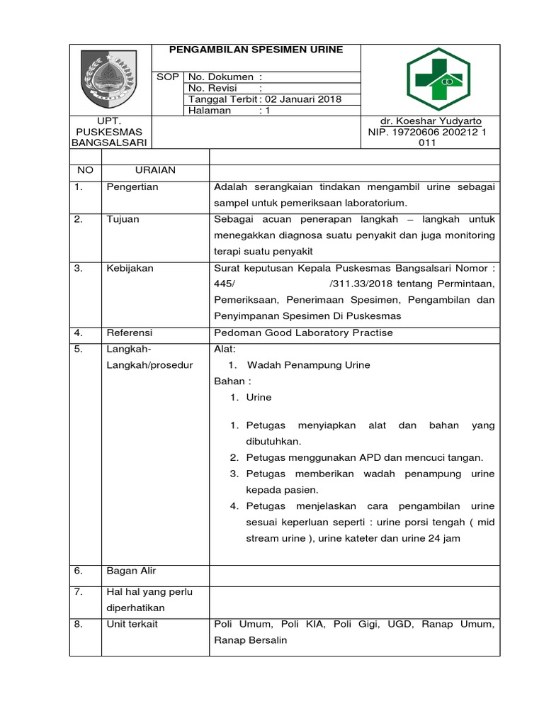 Sop Penerimaan Spesimen Urine | PDF