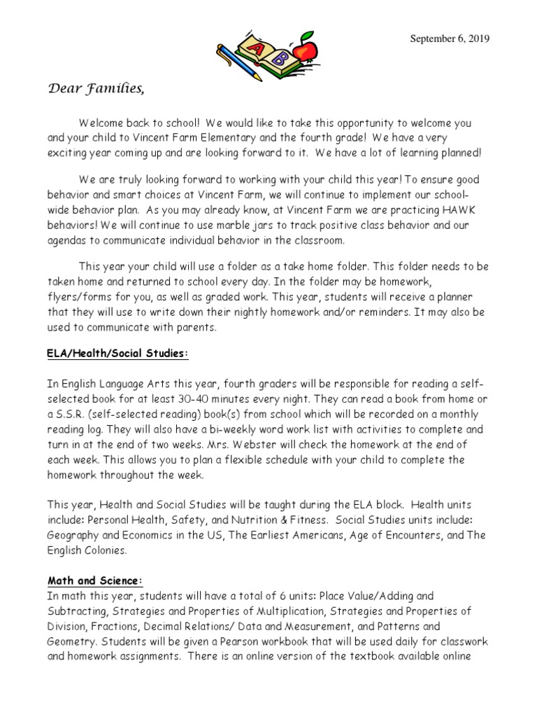 Fourth Grade Welcome Letter 2019 | PDF | Homework | Learning